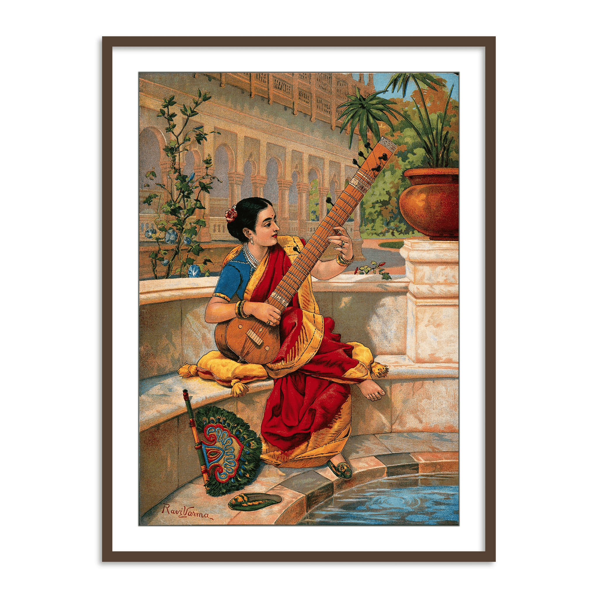 A seated Indian woman plays a sitar next to a garden pond (Kadambari ...